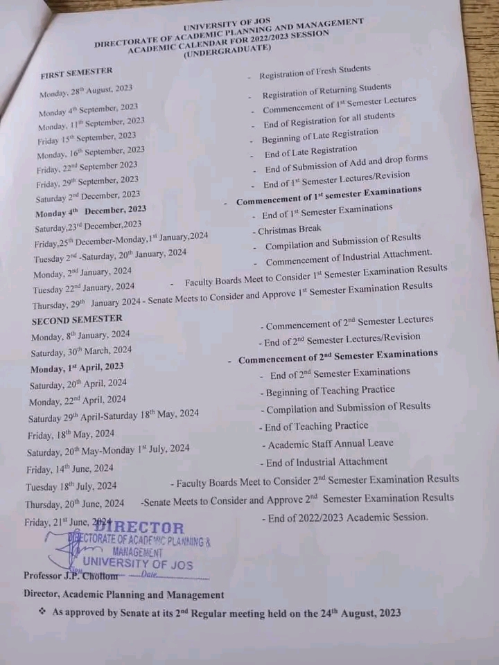 University of Jos (UNIJOS) Academic Calendar for the 2022/2023 Academic ...