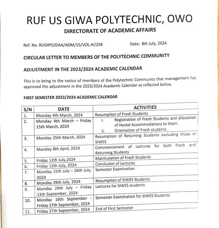 Rufus Giwa Polytechnic Approved Academic for 2023/2024 Academic session ...