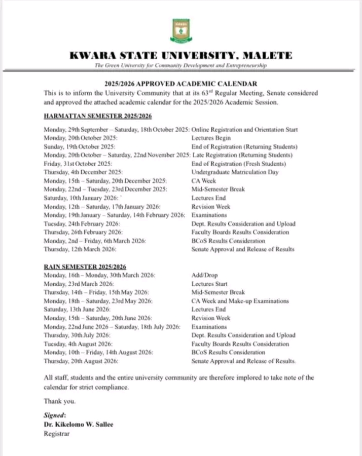 KWASU 2025/2026 Approved Academic Calendar – 9jaPolyTv